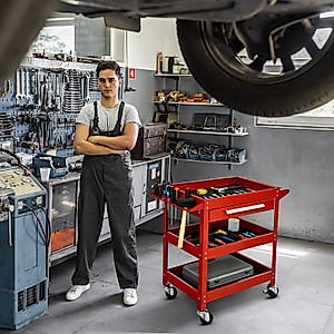 ERGOMASTER Metal Service Utility Cart with Wheels - 500LBS Tool Cart Heavy Duty Rolling 3-Tier Storage Organizer, for Garage Industrial Cart (Red)