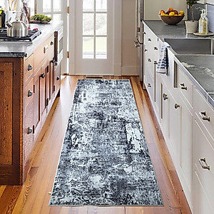 Rugcomf Runner Rug 2'6''x8' Hallway Runner Rug Washable Boho Soft Area Rug Abstract Pattern Non-Slip Faux Wool Vintage Rug for Kitchen, Entryway, Laundry, Bedroom, Grey and Black