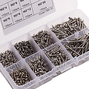 Silver M2 Nickel-Plated Carbon Steel Pan Head Self Tapping Screws (800pcs/Set), Assortment Drilling Screws with Storage Case, 4mm 5mm 6mm 8mm 10mm 12mm 16mm 20mm