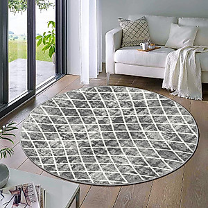 Trellis Washable Round Area Rug - Grey 4ft Round Rug Non-Slip Distressed Design Small Bedroom Circle Rug Non-Shedding Sofa Carpet for Bedroom Living Room Kitchen