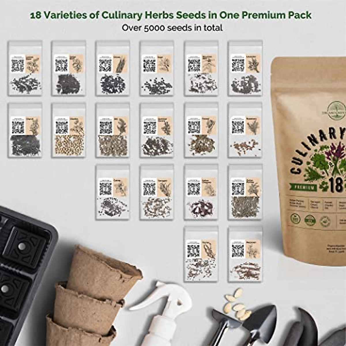 18 Culinary Herbs Seeds Variety Pack - Heirloom, NON-GMO, Herbs Seeds for Planting Outdoor and Indoor - Home Gardening. Over 5000+ seeds including Rosemary, Thyme, Oregano, Mint, Basil, Parsley & More