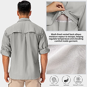 Mens Safari Shirt Fishing Hiking Clothes SPF 50 Sun Protection Long Sleeve Outdoor Quick Dry Vented Breathable Cool Utility Cargo Shirts (5068 Light Grey 3XL)