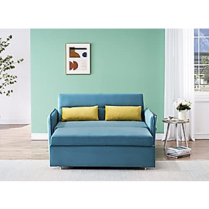 FANYE Velvet Upholstered Loveseat Sleeper w/Side Storage Pockets, 54'' 2-Seaters Sofa with Pull-Out Couch Bed with 2 Pillows & Adjustable Backrest for Living Room Apartment Office Compact Space, Teal