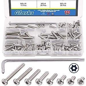 Glarks 111Pcs M5 x 8mm 10mm 12mm 16mm 20mm 25mm 30mm 40mm Pan Head Torx Security Screws 304 Stainless Steel Tamper Resistant Screws Assortment Set with T25 Wrench