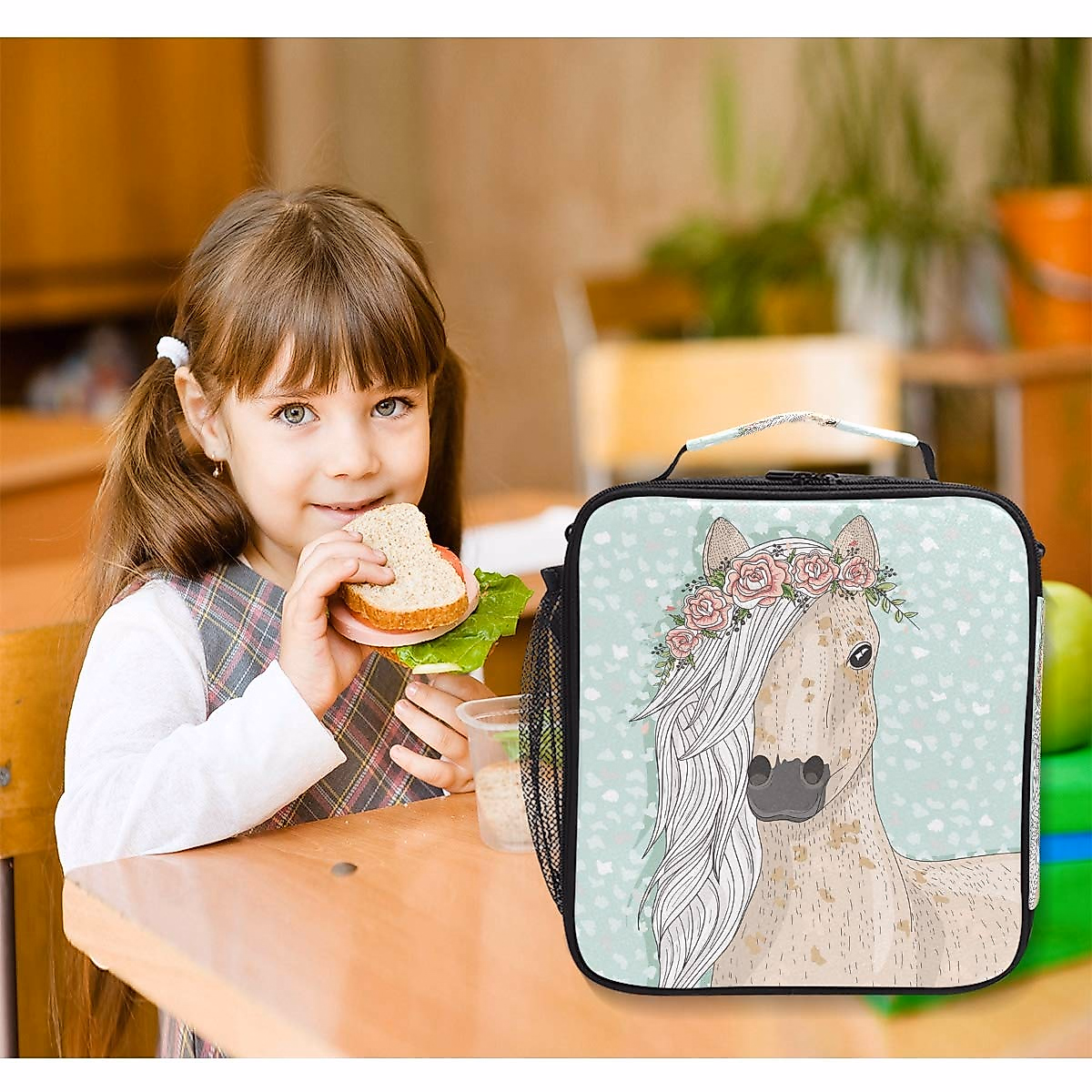 Pfrewn Cute Horse Lunch Box Unicorn Animals Flowers Fairytale Insulated Lunch Bag Reusable Cooler Meal Prep Bags Lunch Tote with Shoulder Strap for Office Adults School Kids Girls Teens