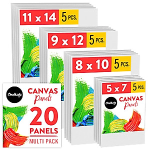 Chalkola Paint Canvases for Painting Multipack - 20 Pack Blank Canvas Panels - 5x7, 8x10, 9x12, 11x14 inch (5 Each) - 100% Cotton, Primed, Acid Free Art Canvas Boards for Painting with Acrylic & Oil