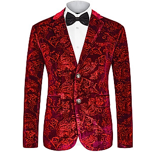 MAGE MALE Men's Dress Party Floral Suit Jacket Notched Lapel Slim Fit Two Button Stylish Blazer Red