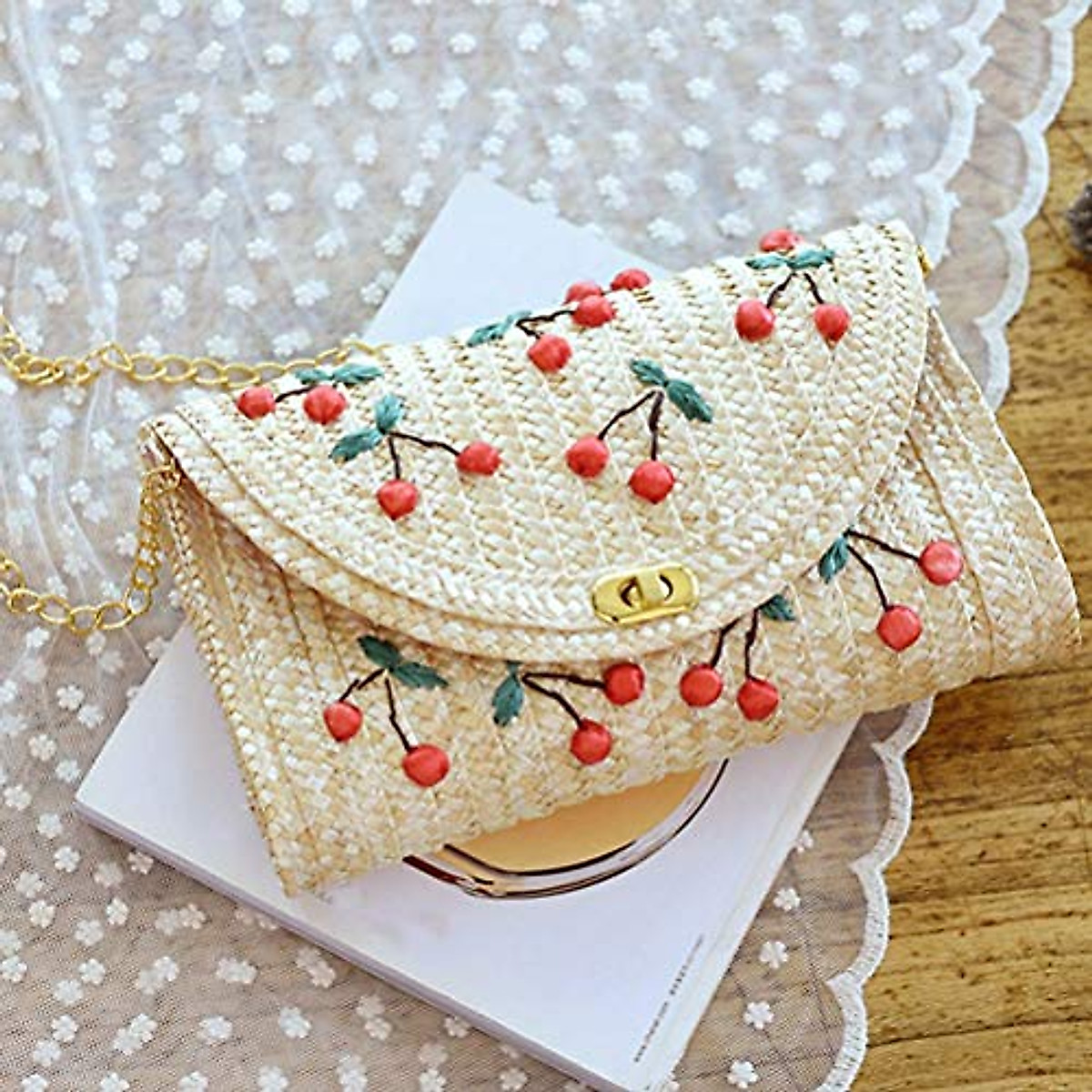 TENDYCOCO Crossbody Bag Straw Bag Shoulder Bag Cherry Print Summer Beach Cute for Women