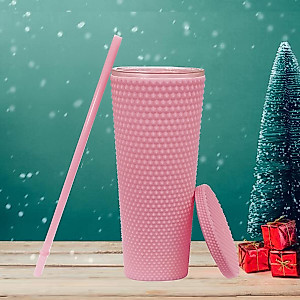 Essasea 24oz Fully Studded Tumbler.Matte Pink Studded Tumbler with Lid and Straw.Reusable Double Walled Insulated Travel Tumbler.Plastic Acrylic Pastel Colored Tumbler Cup for Iced Coffee Smoothie.