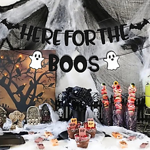Here for The Boos Banner Halloween Ghost Bat Haunted House Pumpkin Horror Happy Boo Day Themed for Boy Girl Kids Halloween Festival Holiday Party Decoration Black Glitter Supplies