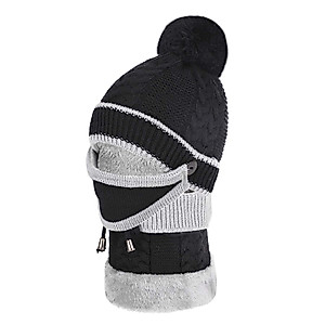 3 in 1 Winter Knitted Beanie Hat Scarf Mouth Mask Set for Girls Boys Kids, Warm Fleece Lined Ski Cap with Pompom Neck Warmer (Black)