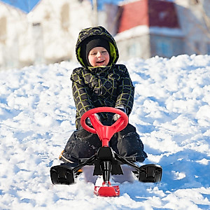 Costzon Snow Racer Sled, Ski Sled with Steering Wheel & Twin Brakes, Durable Steel Frame, Great Weight Capacity of 220 LBS, Classic Downhill Steerable Sled for Kids Teenagers Adult (Red)