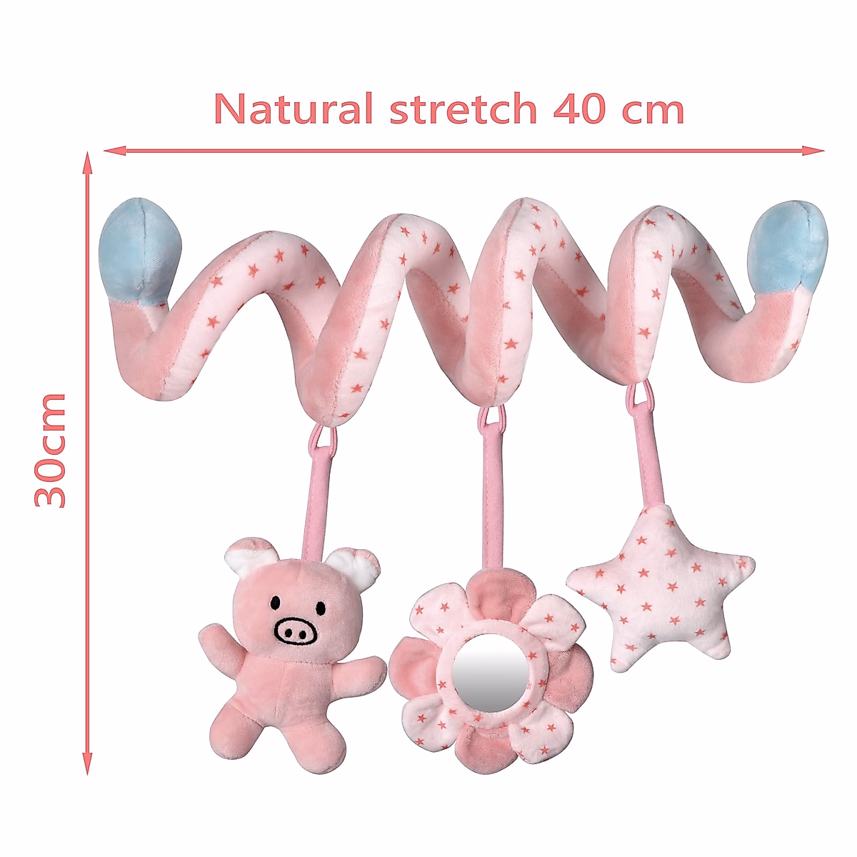 Car Seat Toys, Infant Baby Pink Pig Spiral Activity Hanging Toys Stroller Toys for Car Seat Stroller Bar Crib Bassinet Mobile with Mirror BB Squeaker and Rattles