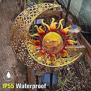 Klmnduo Garden Solar Lights Pathway Outdoor Decorative, Sun & Moon Cracked Glass Globe Metal Lights Solar Powered Waterproof Decorative Stakes for Lawn,Patio or Courtyard