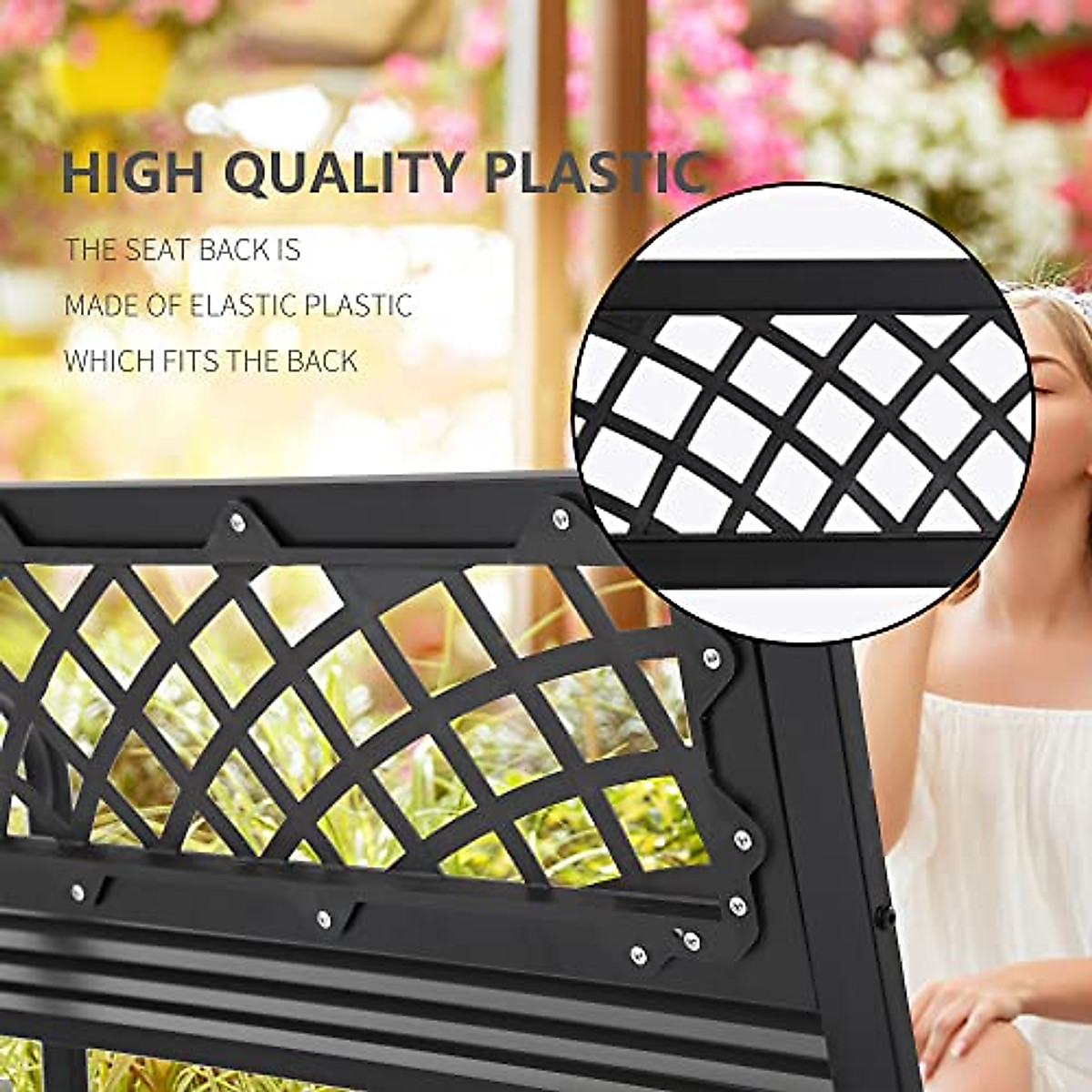 Garden Bench Outdoor Metal Park Benches Cast-Iron Patio Bench with Mesh Pattern Plastic Backrest Armrests for Patio Park Lawn Yard,Black