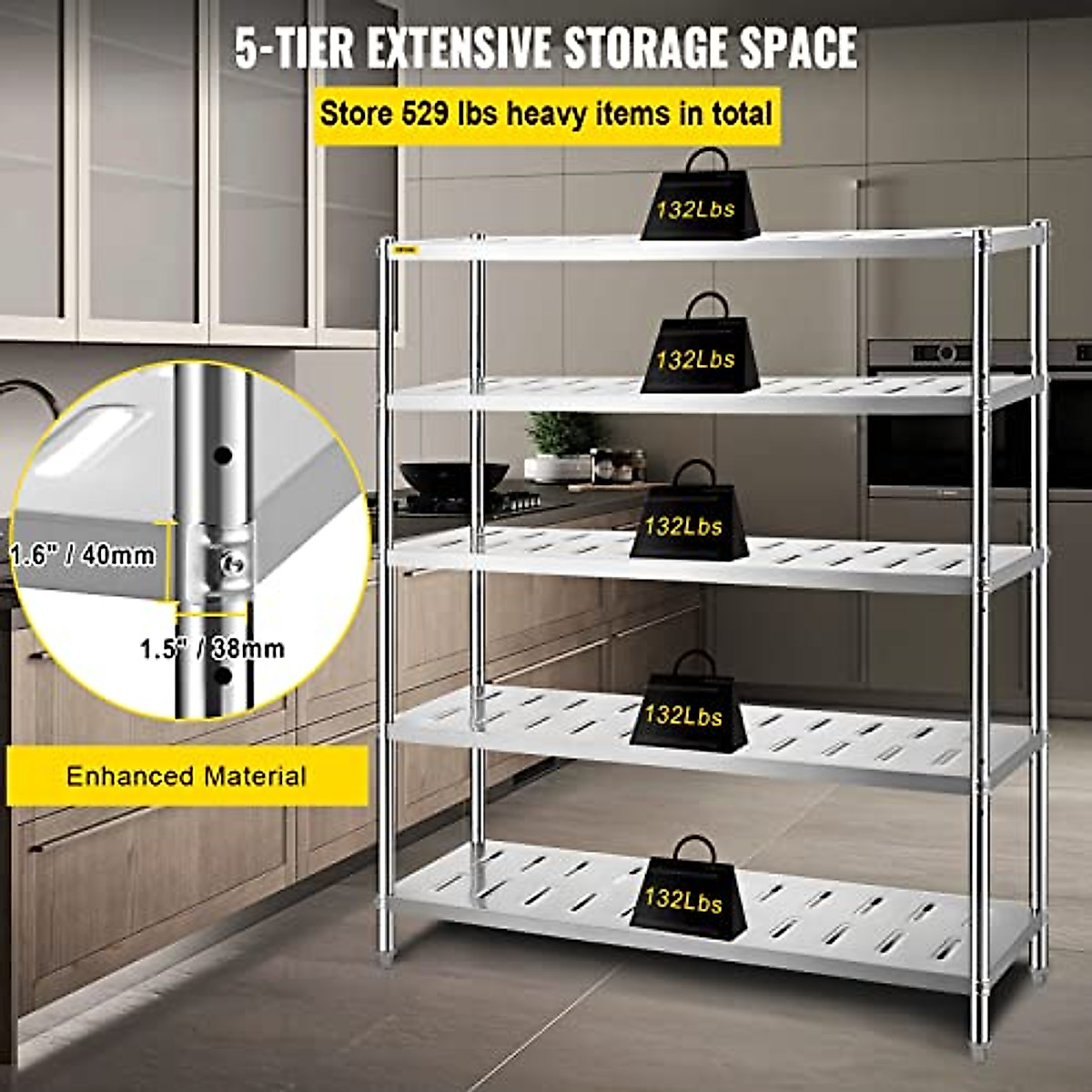 VEVOR Storage Shelf, 5-Tier Storage Shelving Unit, Stainless Steel Garage Shelf, 59.1 x 17.7 x 70.9 inch Heavy Duty Storage Shelving, 661 Lbs Total Capacity with Adjustable Height and Vent Holes
