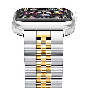 Wolait Compatible with Apple Watch Band 49mm 45mm 44mm 42mm,Stainless Steel Heavy Band with Butterfly Folding Clasp Link Bracelet for iWatch Ultra Series 8/7/6/SE/ 5/4/3/Men Women,Silver/Gold