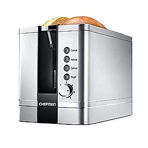 Chefman 2-Slice Pop-Up Stainless Steel Toaster w/ 7 Shade Settings, Extra Wide Slots for Toasting Bagels, Defrost/Reheat/Cancel Functions, Removable Crumb Tray, 850W, 120V, Silver