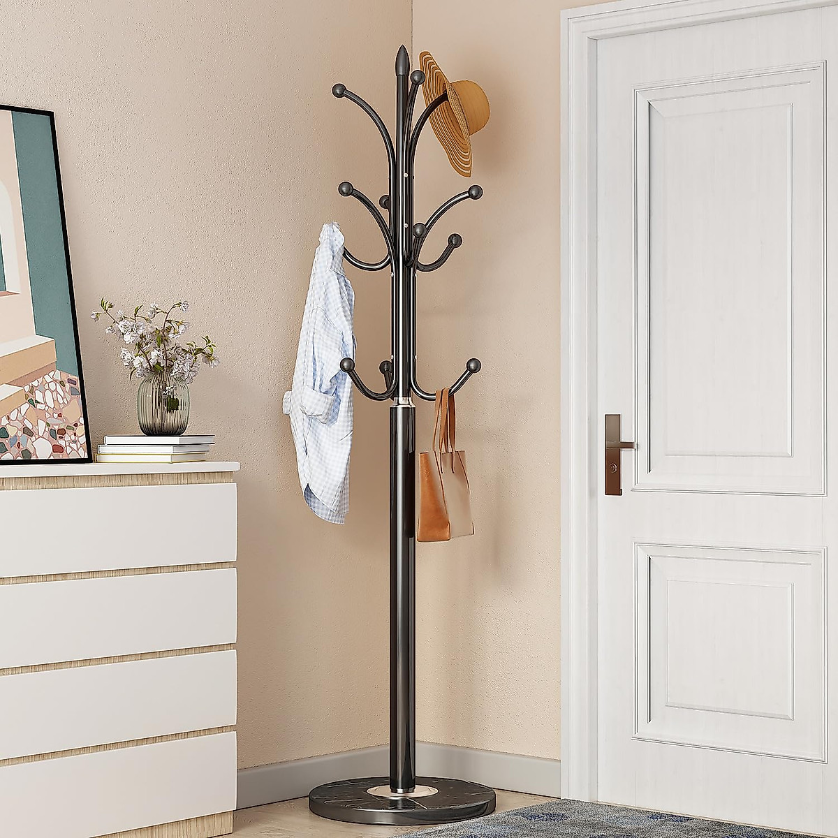 GAMNOF Black Coat Rack ​Freestanding, Metal Coat Rack Coat Hanger Stand, Entryway Tree Coat Rack Stand, High-grade Hat Tree with 12 Hooks & Natural Marble Base