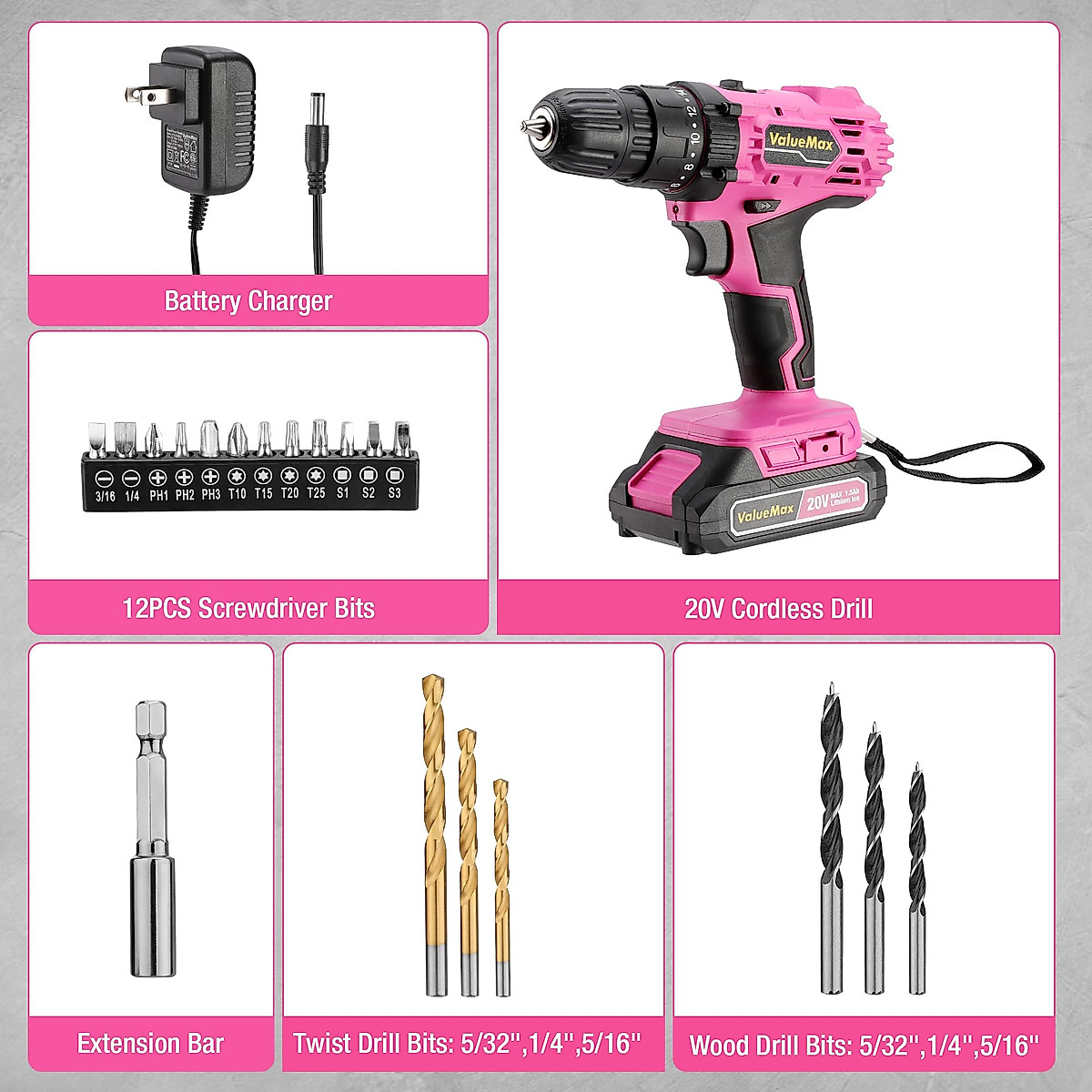ValueMax Pink Cordless Drill Set, 20V Lithium-ion Power Drill Set with LED Light and Magnetic Holder, 3/8-Inch Keyless Chuck, 18+1 Torque Settings, Electric Cordless Drill Set with Battery and Charger