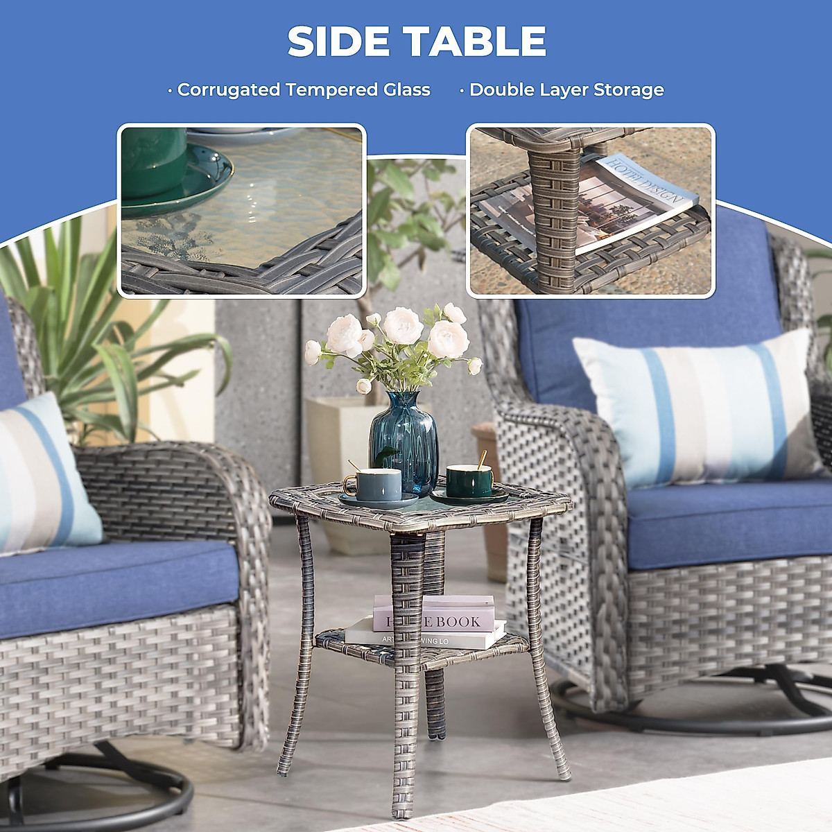 XIZZI Patio Furniture with Swivel Rocking Chairs,10 PCS Outdoor Sectional Sofa with 42" 50000 BTU Propane Fire Pit Table and Side Table,All Weather PE Rattan Outside Conversation Set (Denim Blue)