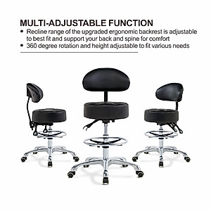 Grace & Grace Height Adjustable Rolling Swivel Tall Stool Chair with Back Support,Heavy Duty Stool with Wheels for Salon,Massage, Factory, Shop,Work (Black,with Back Support)