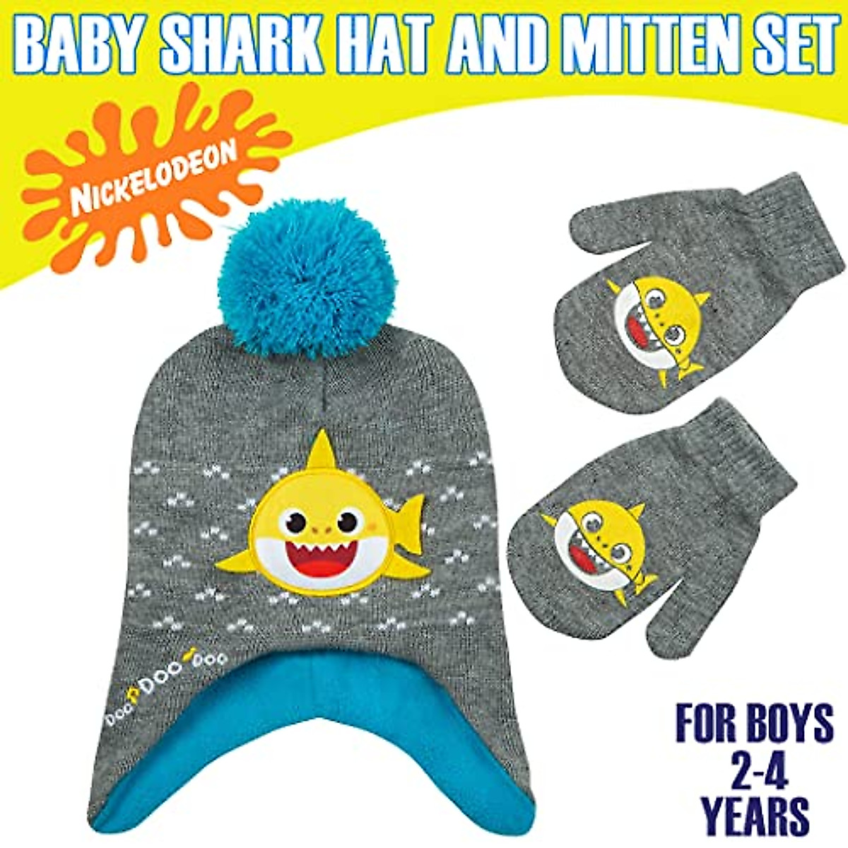 Nickelodeon Baby Shark Warm Winter Hat and Mitten Set, Grey Winter Designed - Age 2-4 Toddler