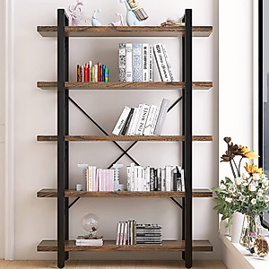 LZ-DONGMAN 5-Tier Bookshelf Large Etagere Book Shelves,Industrial Style Bookcase and Book Shelves,Open Large Real Wood Bookshelfs,Retro Brown for Living Room Office, Retro Brown (LZ01-5tier-PLUS)