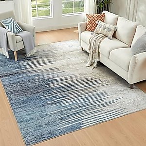 VKLIVING Washable Area Rug 9'x12' Abstract Thin Living Room Non Slip Bedroom Soft Low Pile Machine Washable Lightweight Large Area Rug, Blue&Beige