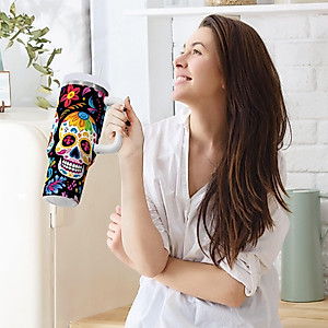 ALAZA Sugar Skull Day Of Dead 40 oz Tumbler Stainless Steel Water Bottle Vacuum Insulated Cup with Straw Lid & Handle For Travel Car Cup Holder