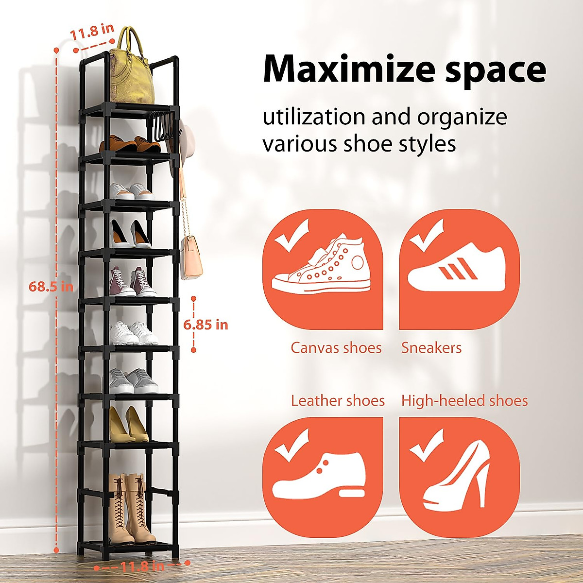 LUKYTOWER Tall Shoe Rack Narrow 10Tier Shoe Racks Organizer for Closet 10-15Pairs, Storage Rack for Shoes with 5Hooks, Sturdy Metal Shoe Shelf, Vertical Skinny Shoe Stand for Small Space