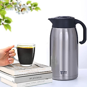 Coffee carafe & Tea carafe in one. 68oz 12hr heat retention ideal for coffee carafes for keeping hot, 24hr cold retention. Thermal Stainless Steel double walled insulated carafe. Infuser & Brush Incld