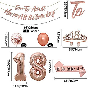 Rose Gold 18th Birthday Decorations for Girls Rose Gold 18th Birthday Banner 18th Birthday Sash 18th Tiara 40 Inch NO. 18 Rose Gold Foil Balloons Rose Gold Confetti Balloons 18th Rose Gold Party Set