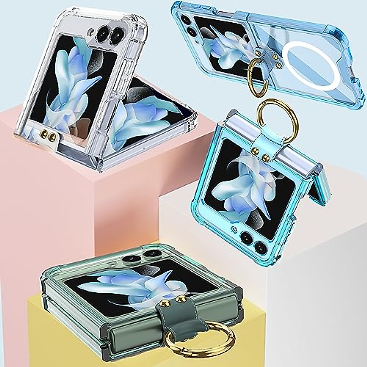 NINKI Compatible Samsung Galaxy Z Flip 5 Case Clear with Ring,4 Corners Heavy Duty Shockproof Samsung Z Flip 5 Case Rugged Slim Silicone Wireless Cover Phone Case for Galaxy Z Flip 5 Case 5G (Green)