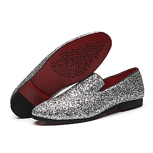 Mens Smoking Slipper Metallic Sparkling Glitter Tuxedo Slip on Dress Shoes Loafers Shoes (12.0 D(M) US, Silver)