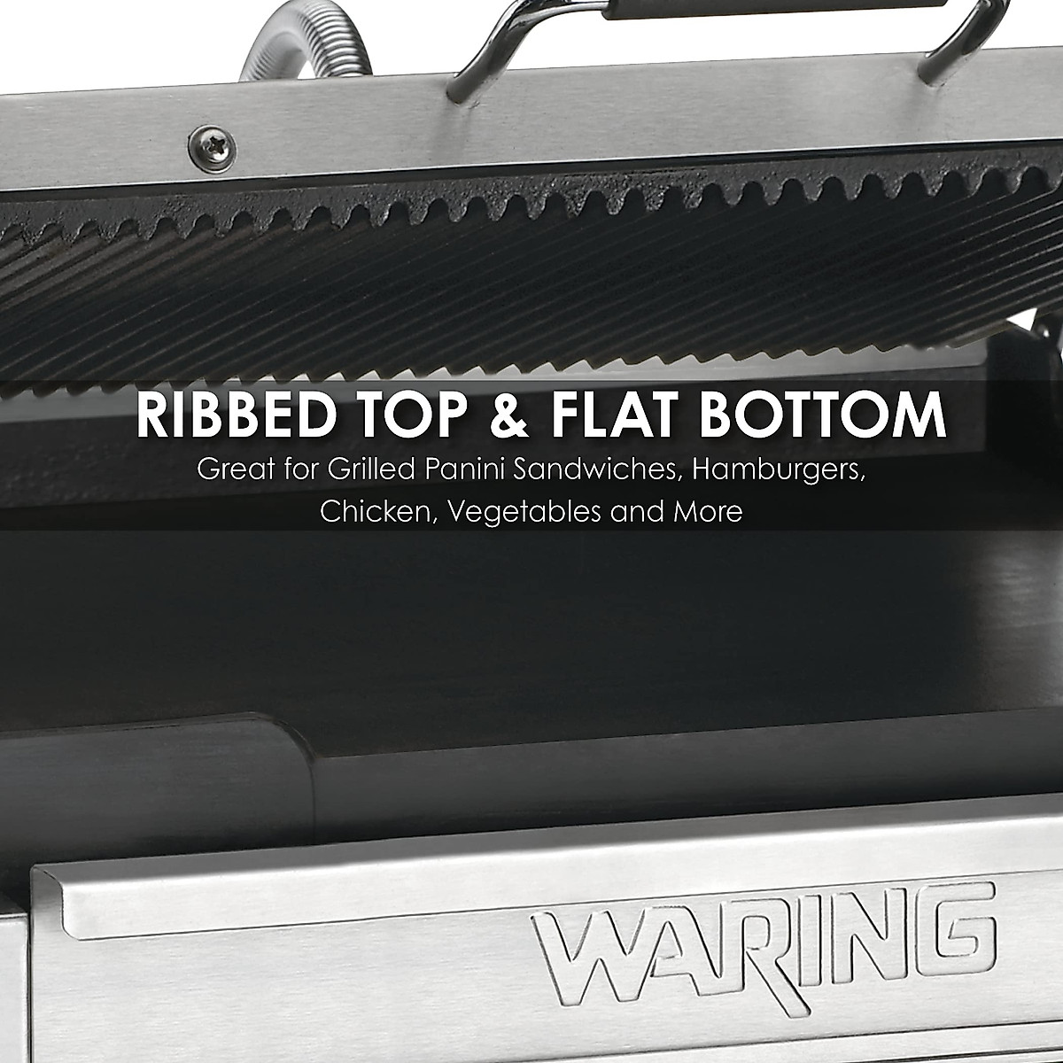 Waring Commercial WDG250 Tostato Supremo Ribbed Top Plate and Flat Bottom Plate Large Surface Panini Grill, 120 V, 1800W, 5-15 Phase Plug