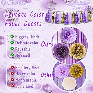 GoExquis Purple Violet Gold Birthday Decorations for Women Girls Butterfly Decor Cake Topper Hanging Swirls Foil Curtain Tassel Garlands Paper Pom Poms Happy Birthday Banner Balloons