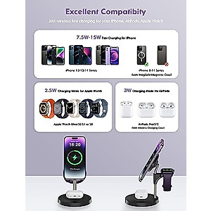 3 in 1 Wireless Charging Station for Multiple Devices Apple, Aeinidi 15W Fast Mag-Safe Charger Stand, Magnetic Charger for iPhone 14 13 12 Pro Max/Plus/Pro/Mini, Apple Watch, AirPods Pro 3 2, Black