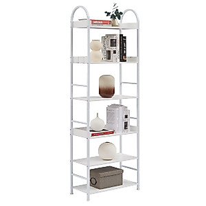 Bellemave 6-Tier Bookcase Freestanding Bookshelf with MDF Board & Round Top Frame, Narrow Rectangular Storage Shelves Adjustable Foot Pads for Living Room, Small Spaces (White) Narrow White (6-tier)