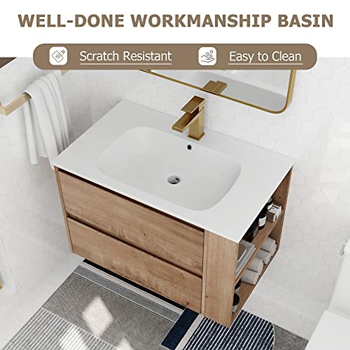 SSLine Wall Mounted Bathroom Vanity with Sink Modern 30" Floating Bathroom Vanity with Top Basin & Storage Drawers Imitative Oak Wood Hanging Bath Cabinet w/Gel Sink and Shelves for Small Space
