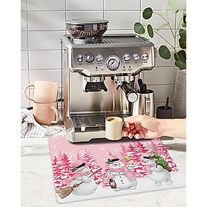 Coffee Mat for Counter,Christmas Snowman Xmas Tree Winter Snowflake Pink Absorbent Hide Stain Coffee Bar Mat,Non-slip Coffee Bar Accessories Kitchen Drying Mat Fit Under Coffee Maker Espresso Machine