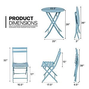 MoNiBloom 3 Piece Patio Bistro Set, Folding Outdoor Metal Patio Furniture Sets Round Table and Chairs for Porch Yard Balcony Garden, Blue