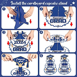 jollylife 2 Set Graduation Decorations Class of 2024 Blue and Gold Cupcake Stand,3-Tier Cardboard Congrats Grad Tower Plus 24 Cake Toppers Party Supplies Decor(Assembly Needed)