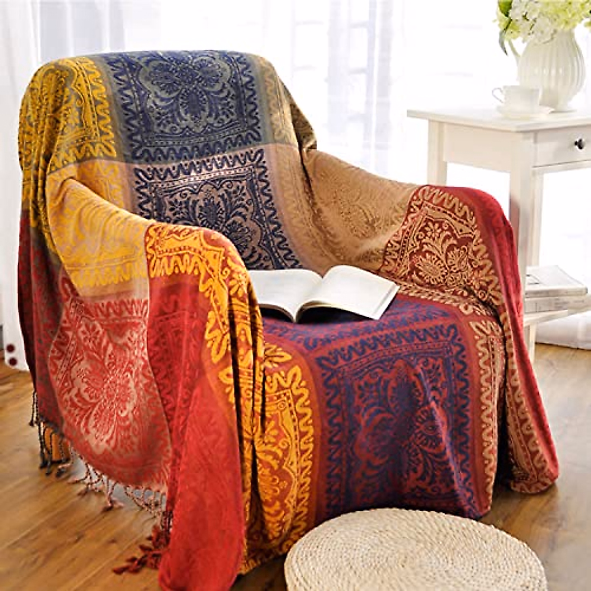 FinalNest Bohemian Tribal Throws Blankets Reversible Colorful Red Blue Boho Hippie Chenille Jacquard Fabric Throw Covers Large Couch Furniture Sofa Chair Loveseat Recliner Oversized (Red,S:75x60)