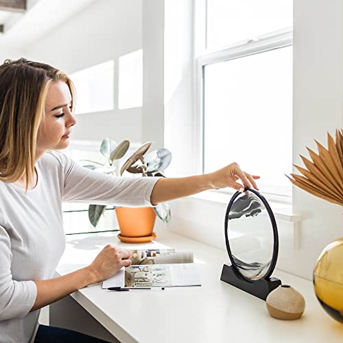 A Mindful Office Moving Sand Art Decor (10 Inch) - Perpetual Motion Desk Toy Brings Uniquely Relaxing Vibe to Your Home Round Glass Frame with Black, White and Gold Liquid sandart12inchbwg 12 Inch