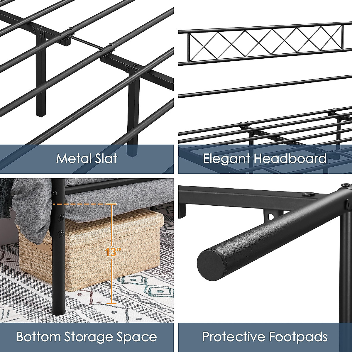Yaheetech Metal Platform King Bed Frame Mattress Foundation with Headboard and Footboard No Box Spring Needed Under Bed Storage Steel Slats Black
