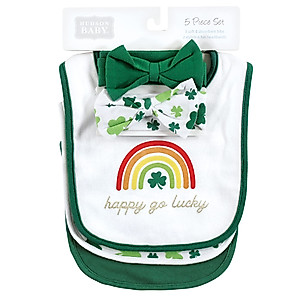 Hudson Baby Unisex Baby Cotton Bib and Headband or Caps Set, St Patricks Rainbow, One Size