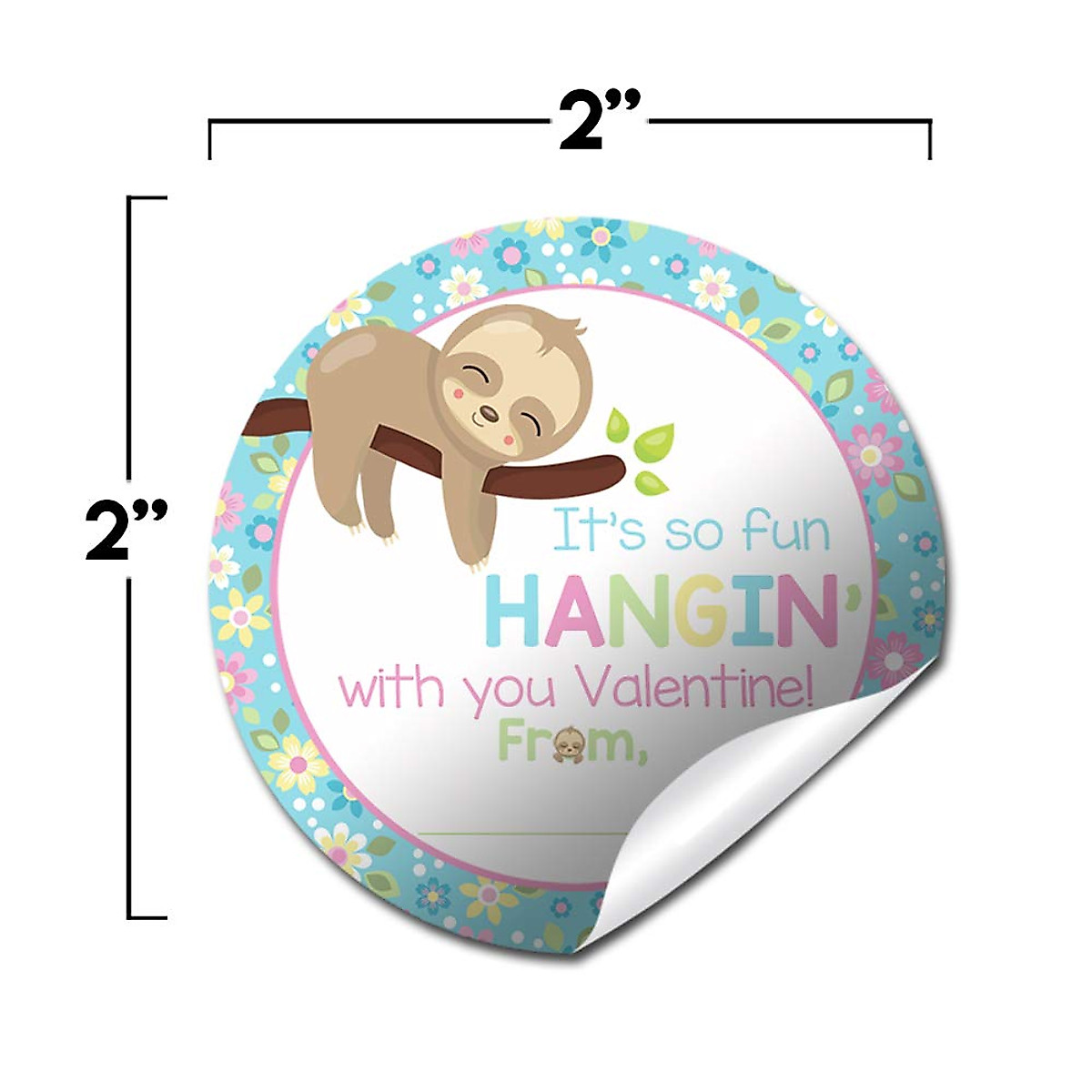 Hangin’ with You Sleepy Sloth-Themed Valentine Party Favor Sticker Labels, 40 2" Party Circle Stickers by AmandaCreation, Great for Classroom Valentines, Envelope Seals, Gifts & Treats
