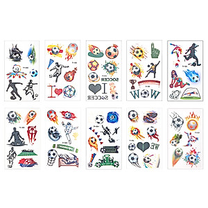 KINBOM 69pcs/10 Sheets Soccer Temporary Tattoos for Kids and Adults, Motivational Tattoo Stickers for Soccer Game Football Tattoos Temporary for Soccer Themed Party Birthday Party Favors
