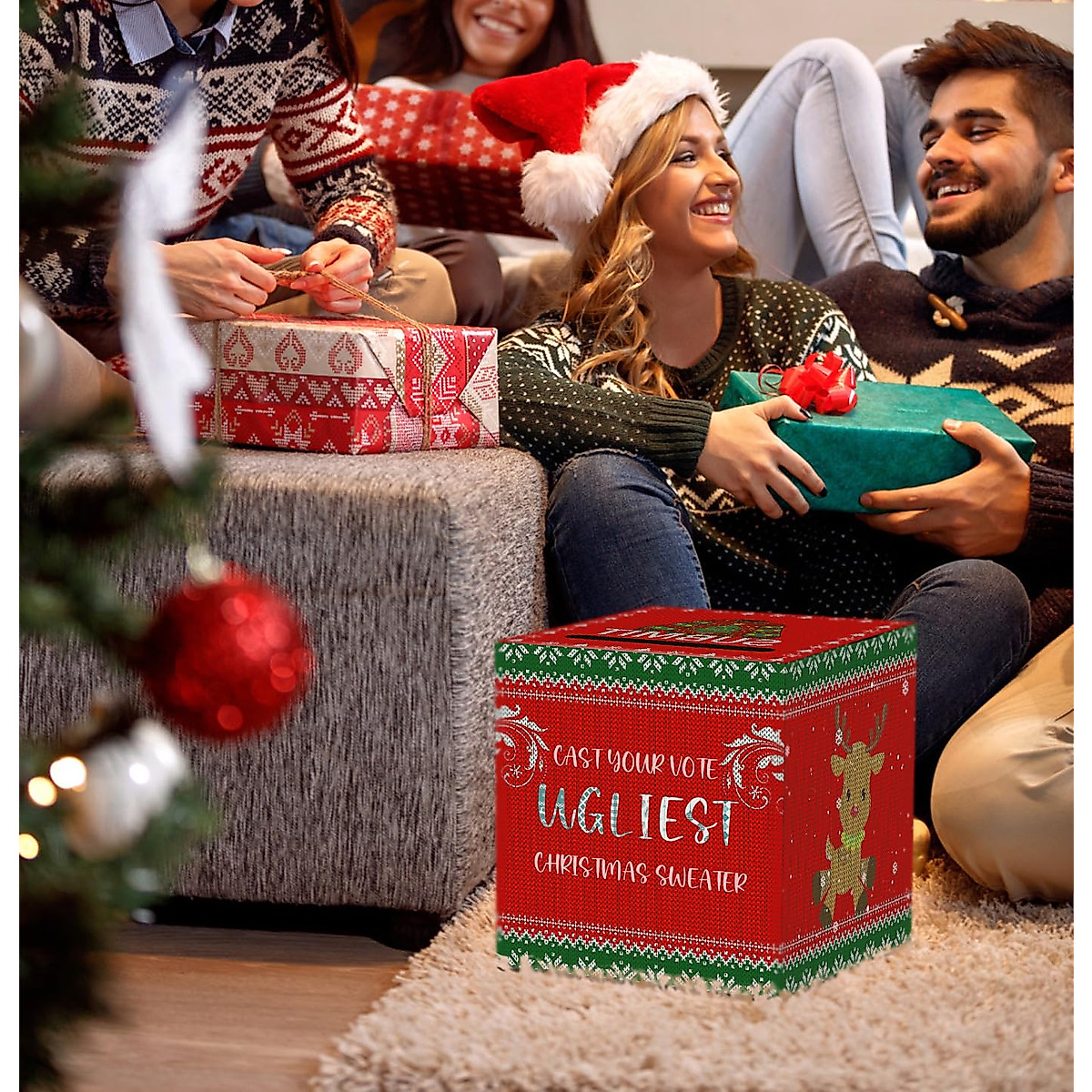 HEIPINIUYE Ugly Sweater Contest Ballot Box Voting Box for Christmas New Year Party Supplies Ugly Christmas Sweater Ballot Box